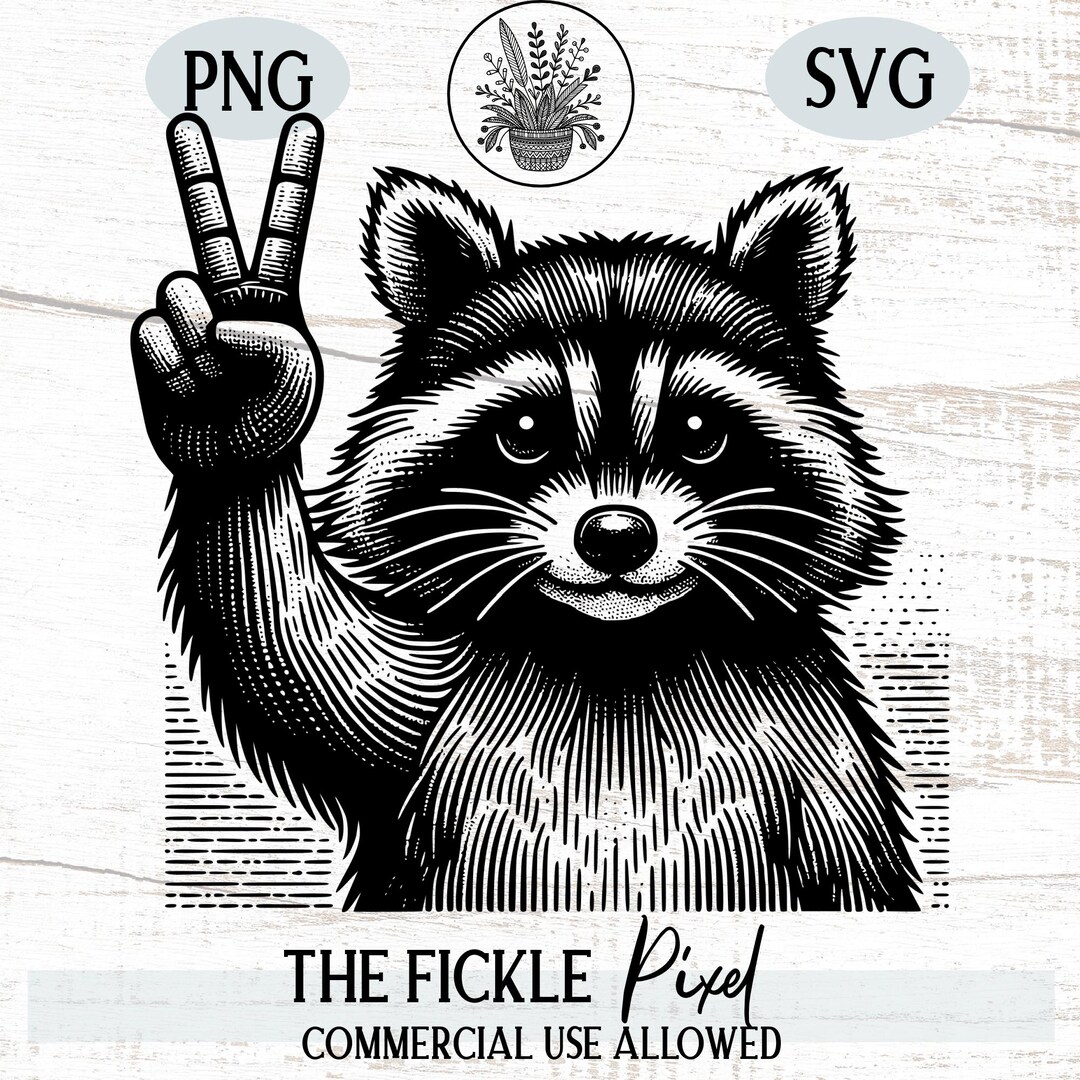 Peace Sign Raccoon SVG PNG | Vintage Cute Animal Clipart | 300 DPI Line ...