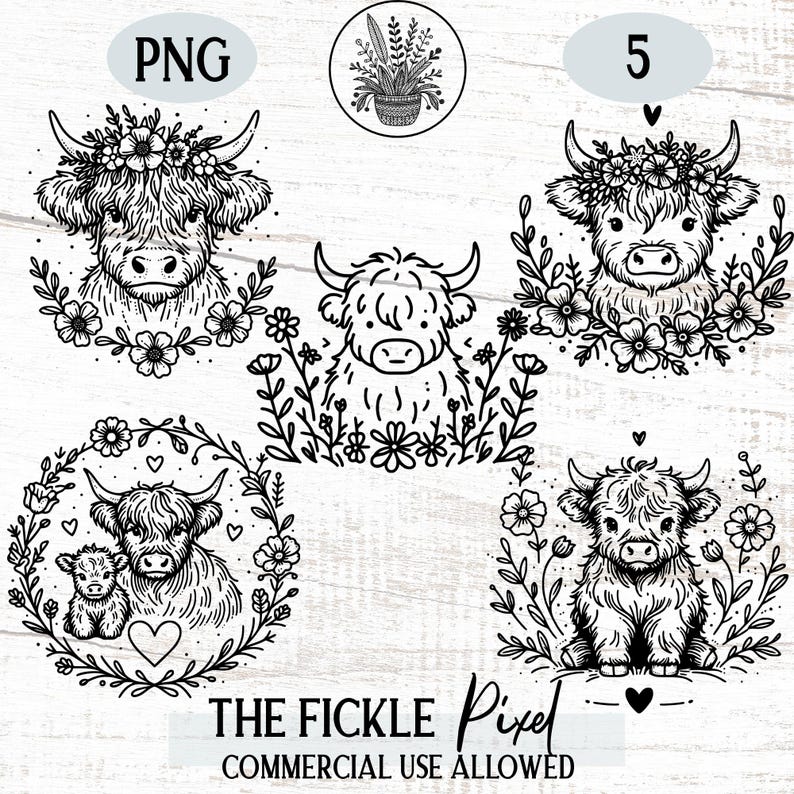 Baby Highland Cow Doodle Line Art PNG Bundle, Baby Cow Clipart, Vinyl ...