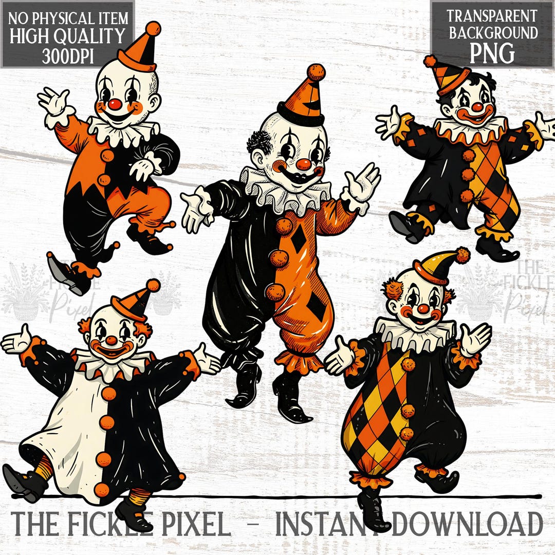 Retro Halloween Clown PNG Bundle | 5 Spooky but Sweet 1950s Clown ...