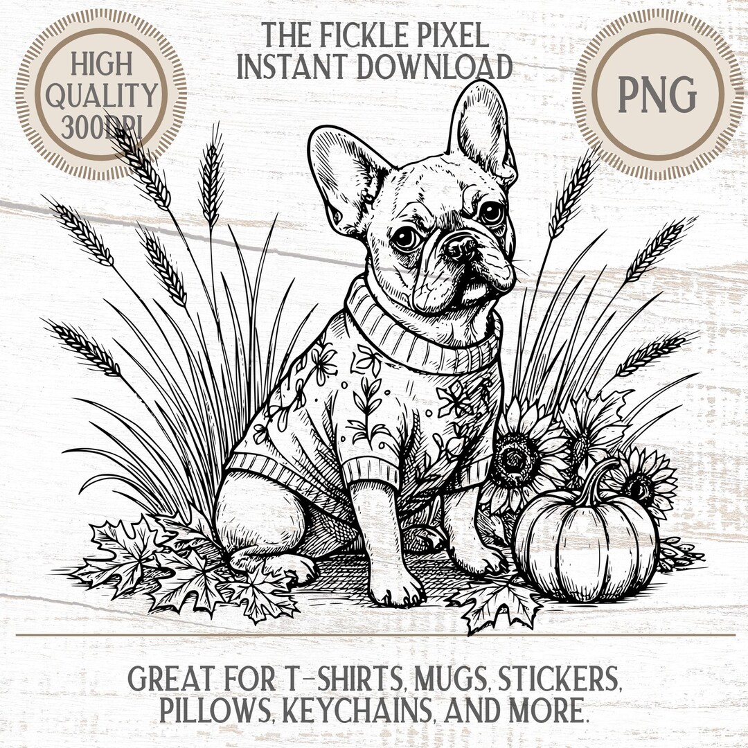 Fall French Bulldog Art: Cozy Sweater, Sunflowers (PNG Digital Download ...