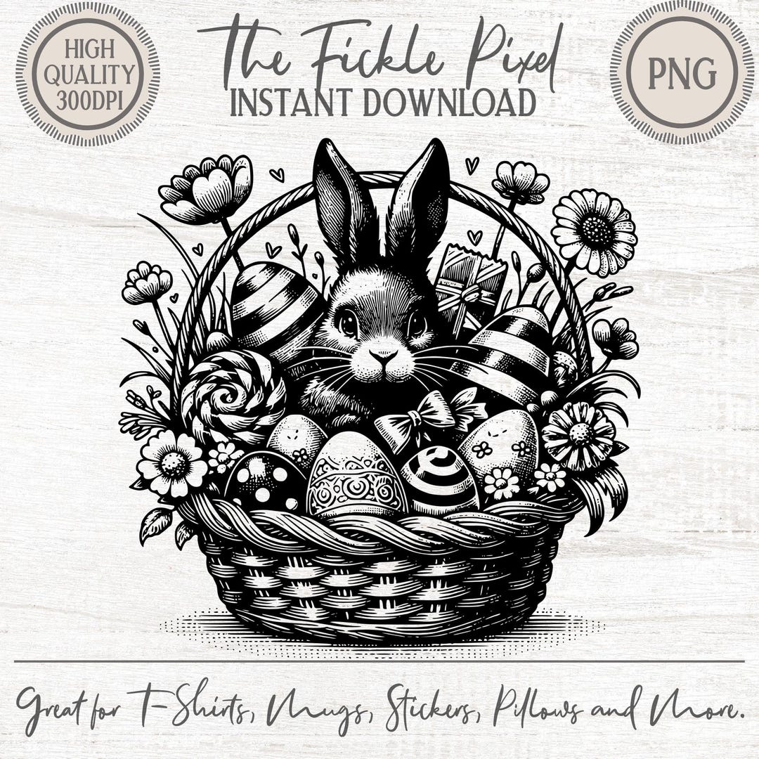 Easter Basket Rabbit PNG, Vintage Line Art, Coloring Page, Easter SVG ...
