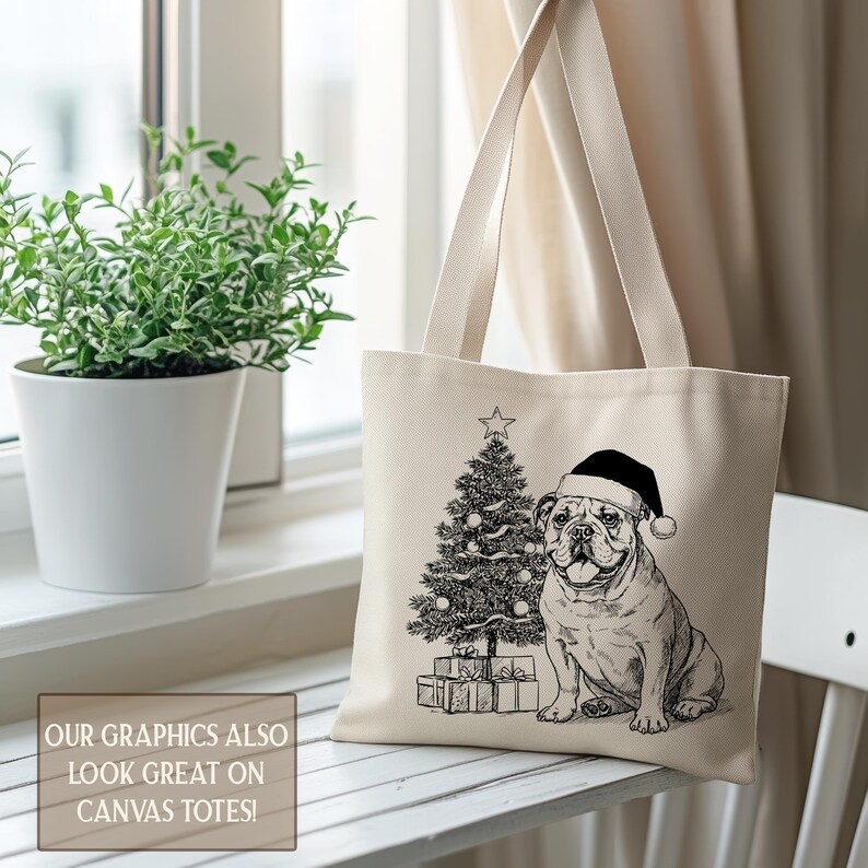 Christmas English Bulldog Santa Hat Clipart PNG - Holiday Dog Line Art ...