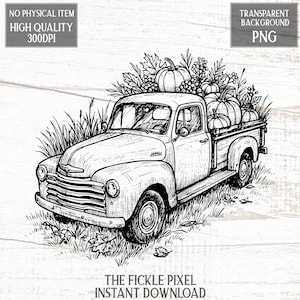 Fall Truck Pumpkin Clipart PNG, Vintage Black Line Farm Truck Graphics ...
