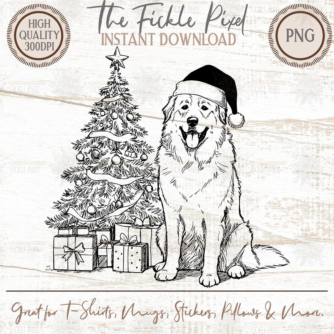 Great Pyrenees Santa Hat Christmas PNG, Festive Dog Line Art, Holiday ...