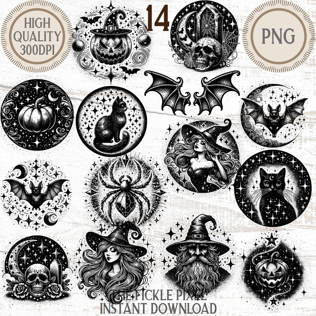 Vintage Halloween Clipart Bundle: Spooky Black & White PNG Graphics ...