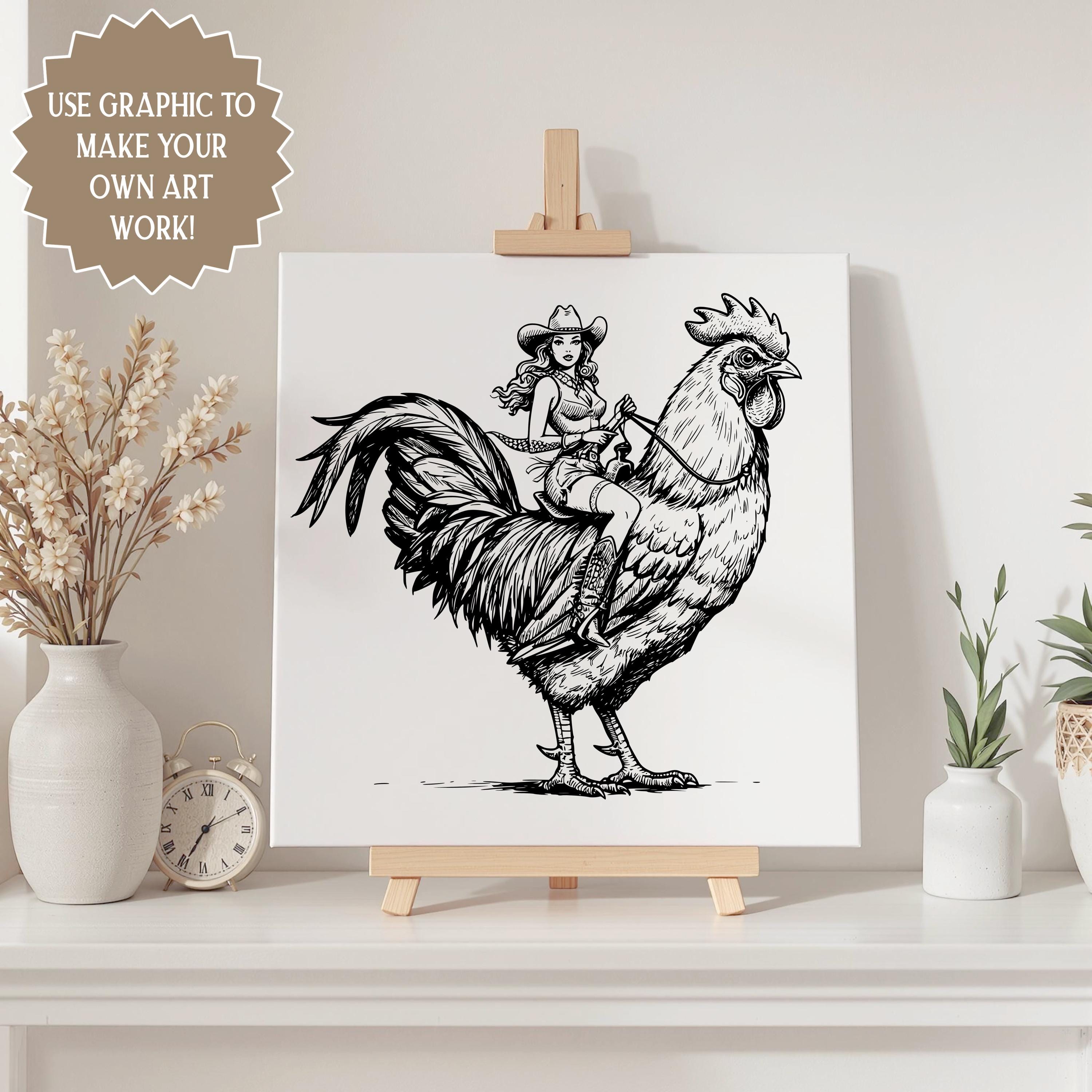 Vintage Cowgirl Riding Rooster Black Line Art PNG | Funny Western Farm ...