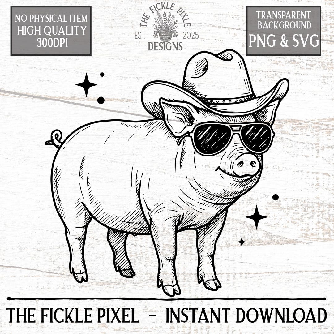 Cowboy Pig PNG SVG – Rowdy Western Pig in Hat & Shades | 300dpi Vintage ...