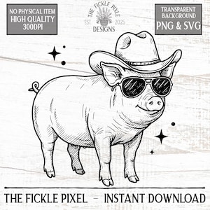Cowboy Pig PNG SVG – Rowdy Western Pig in Hat & Shades | 300dpi Vintage ...
