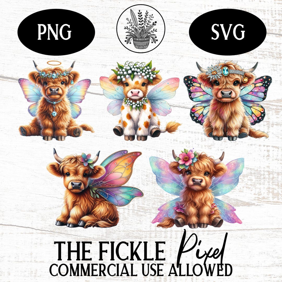 Highland Cow Fairy SVG PNG Graphics Bundle, Kawaii Animal Artwork ...