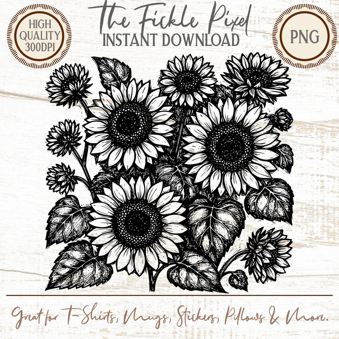 Vintage Sunflower Linotype Illustration PNG, Botanical Line Art, Black ...