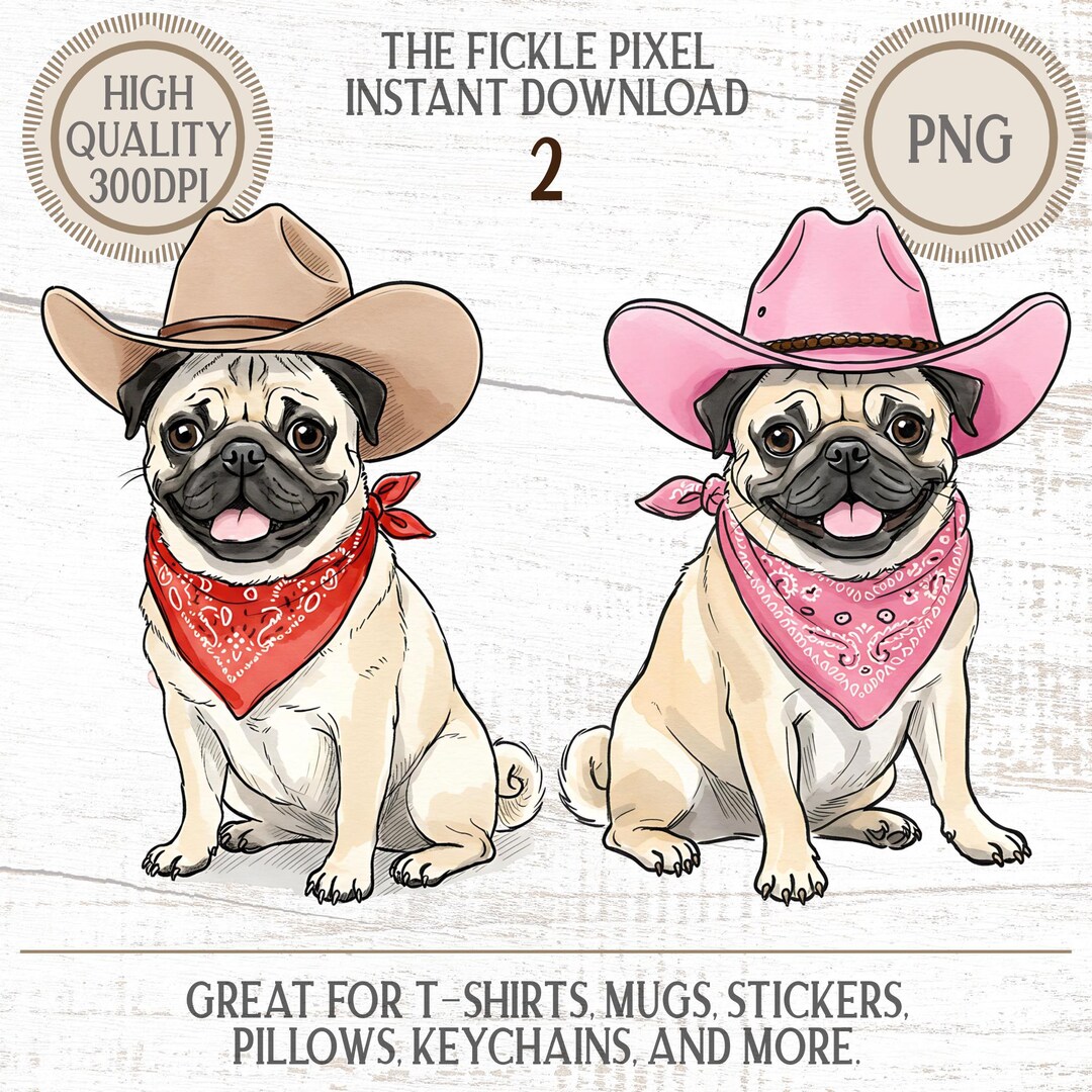 Cowboy Pug Dog Clipart PNG, Watercolor Fawn Pug in Hat & Bandana ...