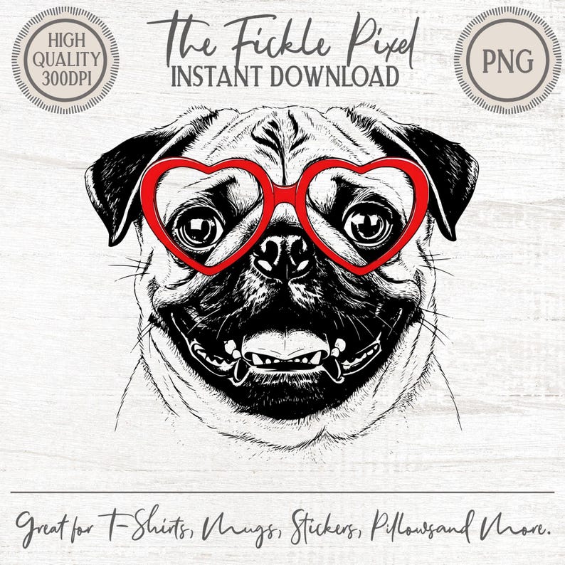 Cute Pug Heart Glasses PNG | Valentine Dog Clipart | Funny Pet Love ...