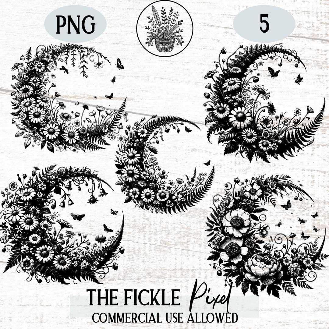 Boho Floral Moon PNG Design Bundle, Botanical Moon, Mystical Flower ...