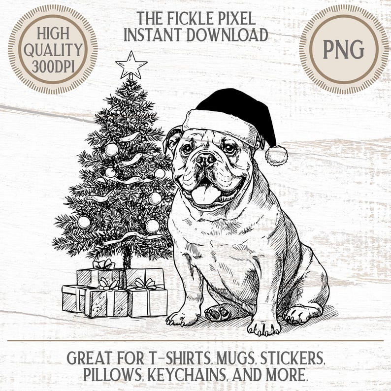 Christmas English Bulldog Santa Hat Clipart PNG - Holiday Dog Line Art ...