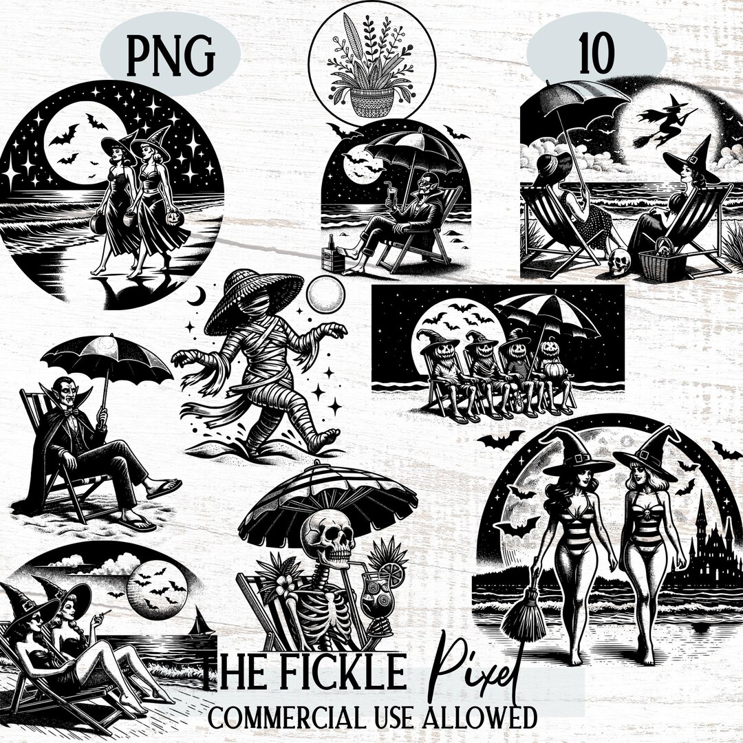 Summer Goth Beach Lineart PNG Bundle, Summer Horror Graphics, Beach ...