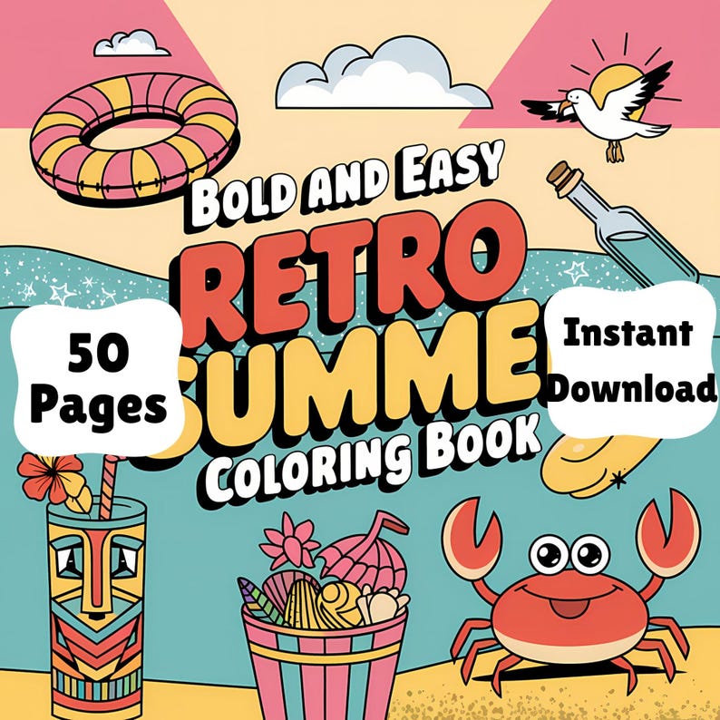 Retro Summer Coloring Book for Adults & Kids, 80s 90s Vintage Beach ...