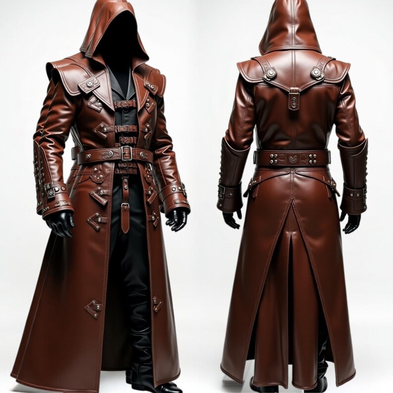 Steampunk Brown Leather Hooded Cloak - Gothic Long Trench Coat With ...