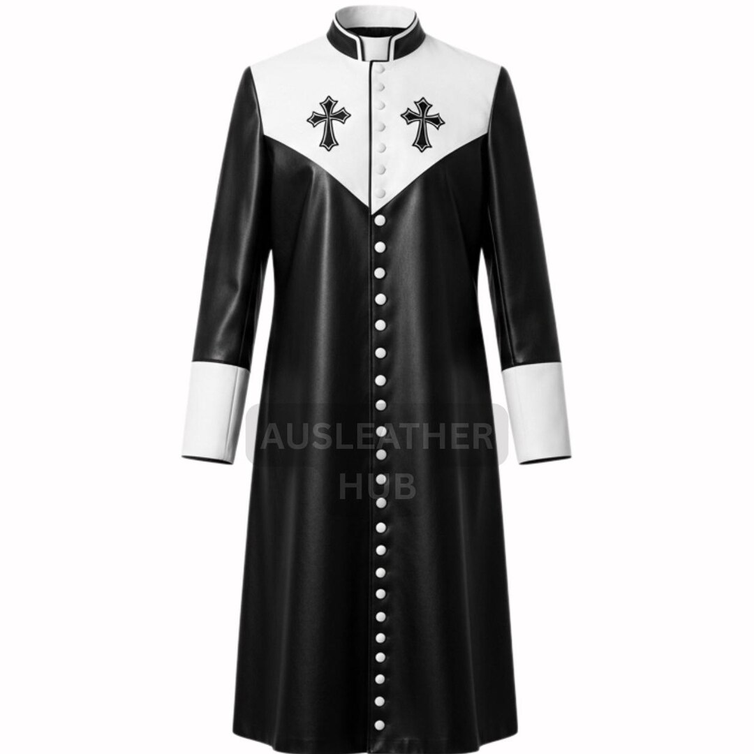 Gothic Cleric Leather Coat: Black & White Priest Robe, Ceremonial ...