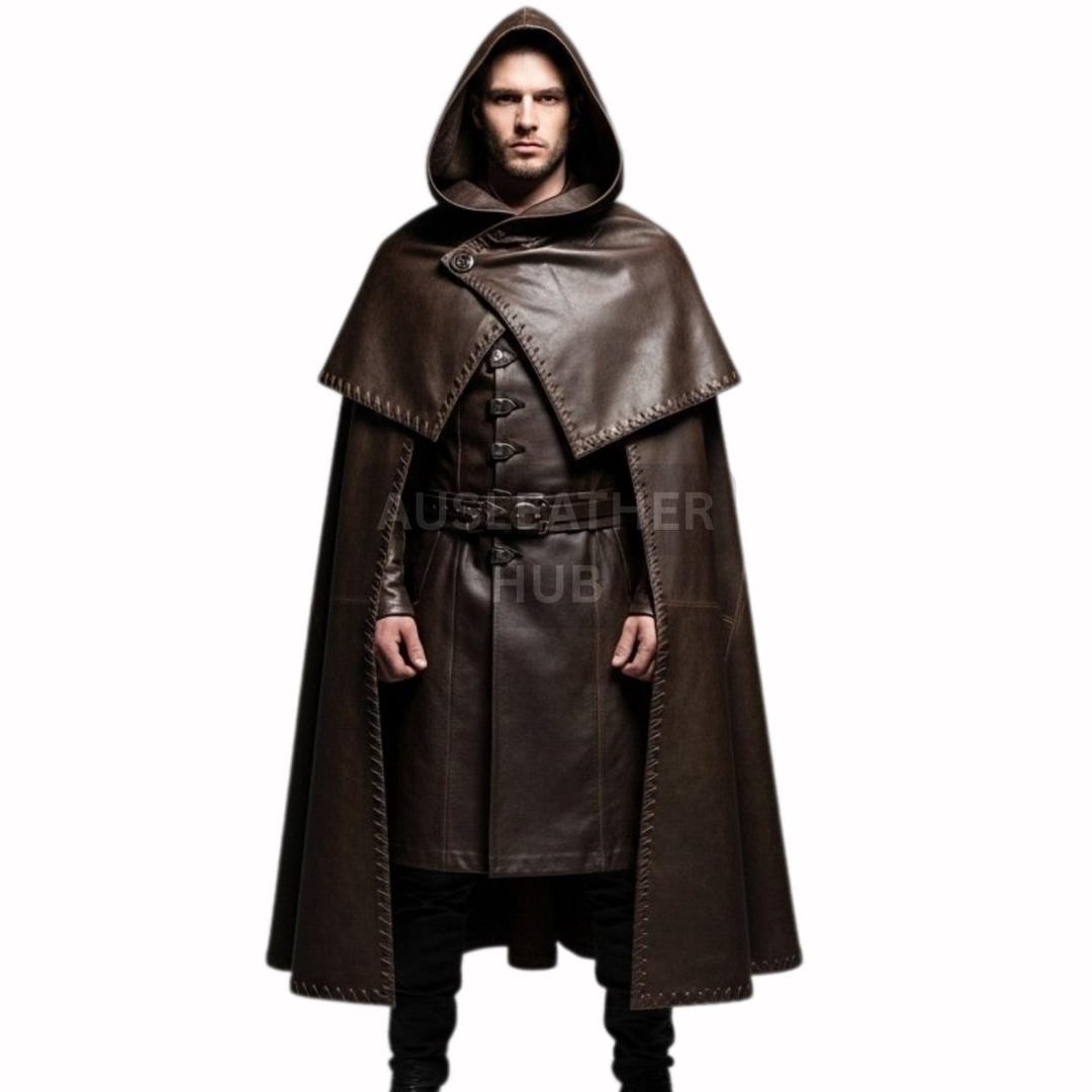 Brown Hooded Leather Cloak – Medieval Layered Cape With Belted - Etsy