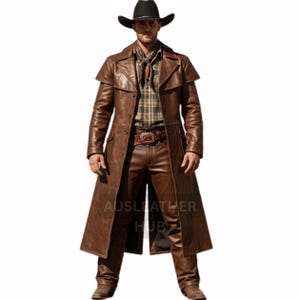 Mens Brown Leather Cowboy Duster Coat & Pant Outfit - Etsy