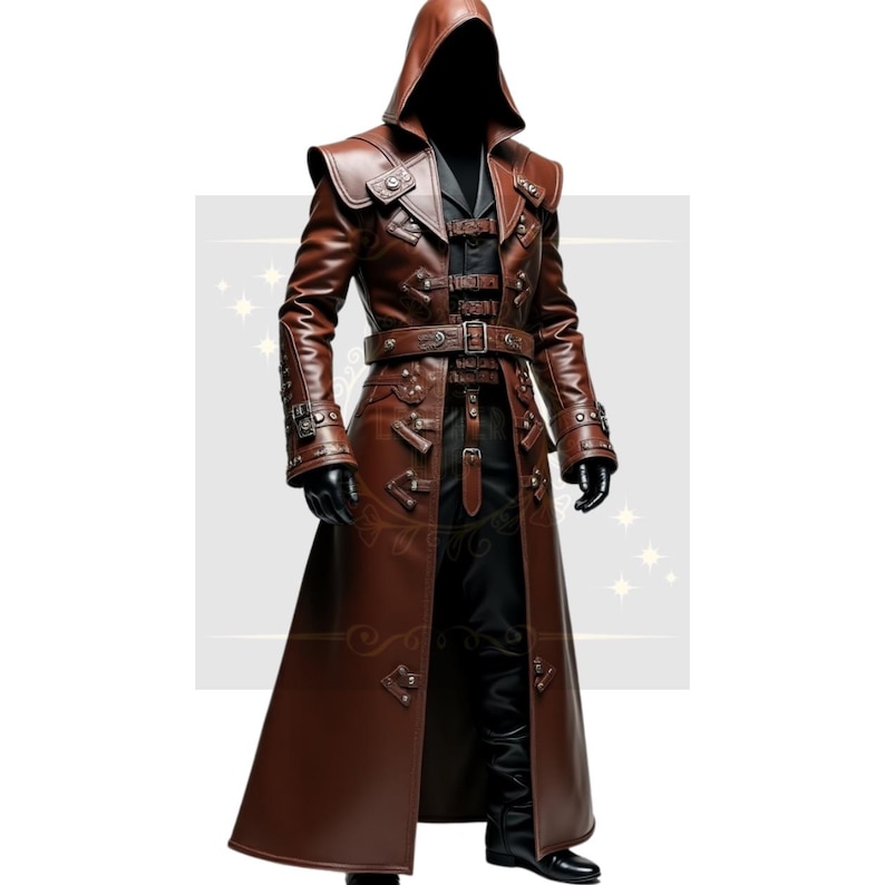 Steampunk Brown Leather Hooded Cloak - Gothic Long Trench Coat With ...