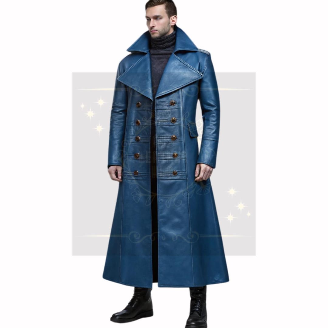 Classic Long Blue Leather Overcoat- Sophisticated Blue Leather Winter ...