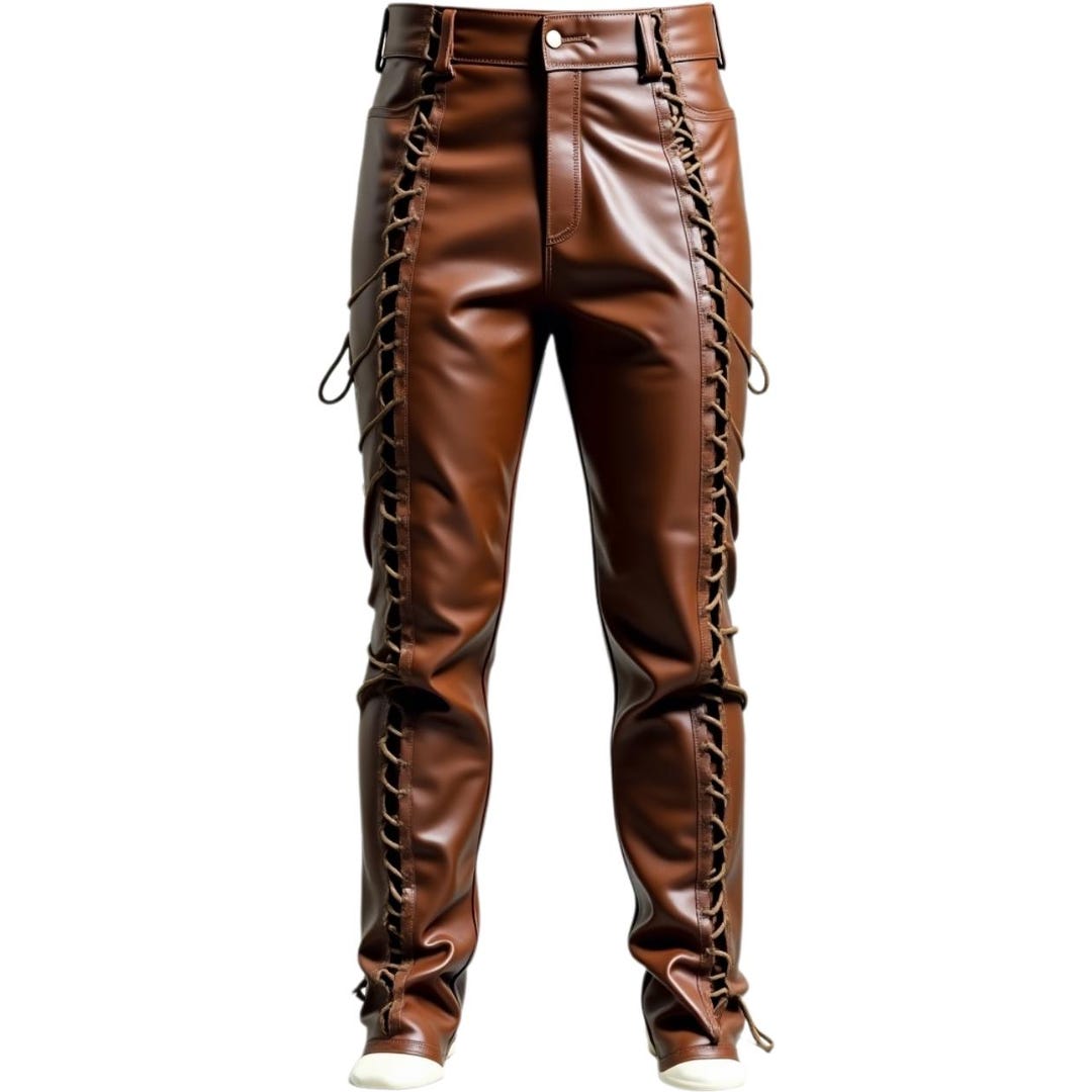 Men's Handmade Edgy Brown Leather Pants With Lace-up Sides - Slim-fit ...