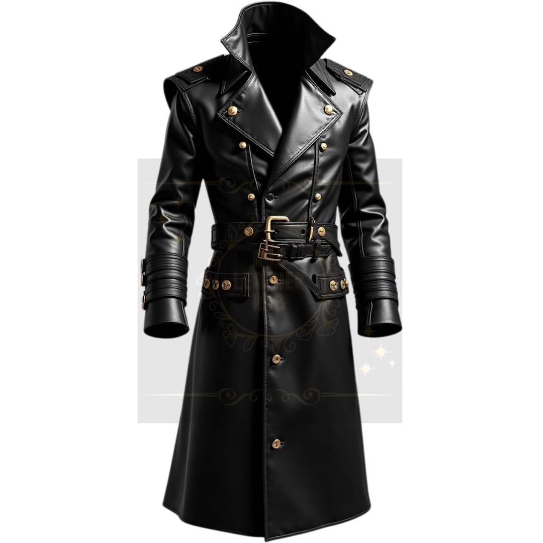 Men's Handcrafted Luxurious Black Leather Trench Coat With Gold Button ...