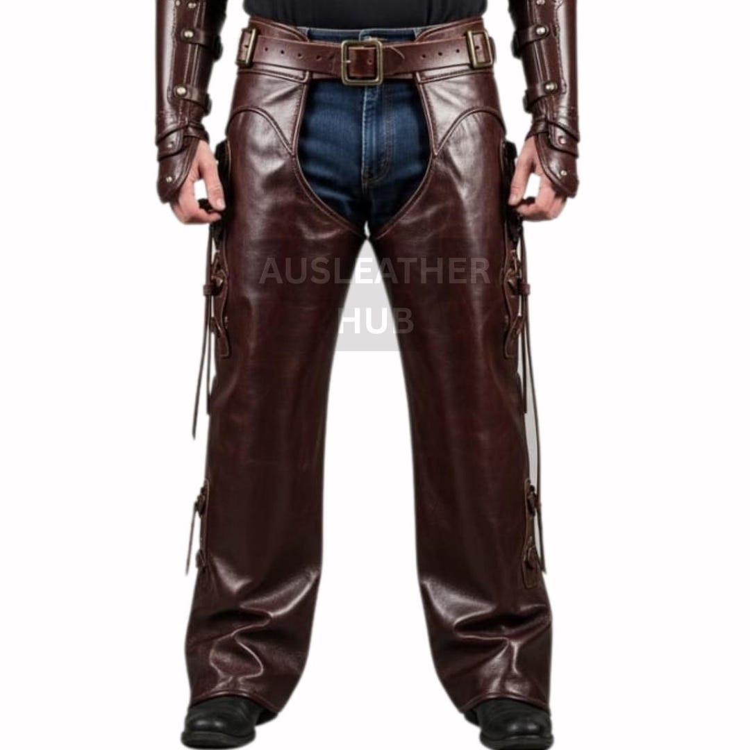Rodeo Leather Chaps With Gloves Set: Western Motorcycle Riding Outfit ...
