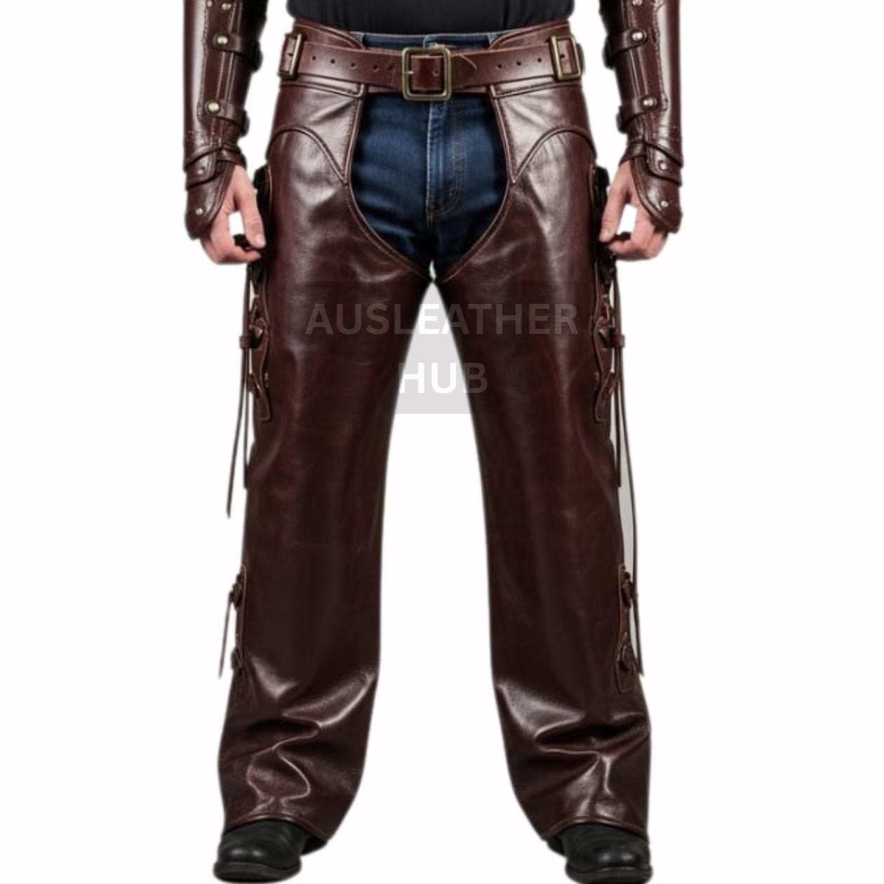 Rodeo Leather Chaps With Gloves Set: Western Motorcycle Riding Outfit ...