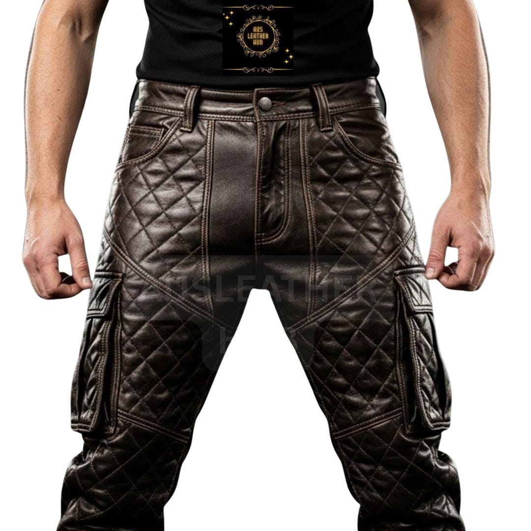 Premium Dark Brown Leather Cargo Pants- Stylish Quilted Leather Cargo ...