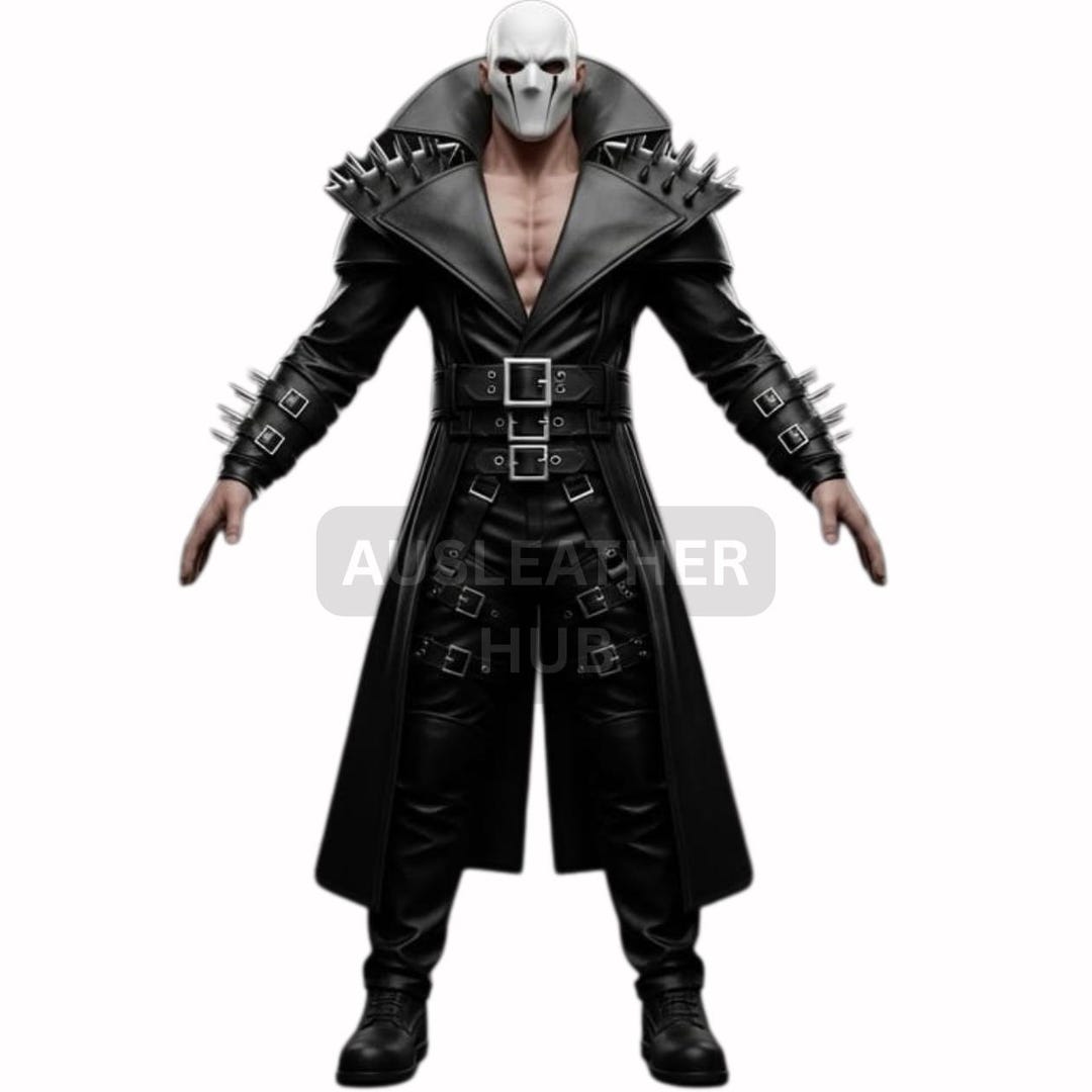 Gothic Cyberpunk Black Leather Trench Coat Set: Spiked Punk Cosplay ...