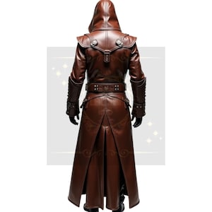 Steampunk Brown Leather Hooded Cloak - Gothic Long Trench Coat With ...