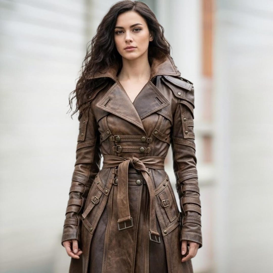 Brown Leather Trench Coat With Wide Lapels, Belted Waist and Strap ...