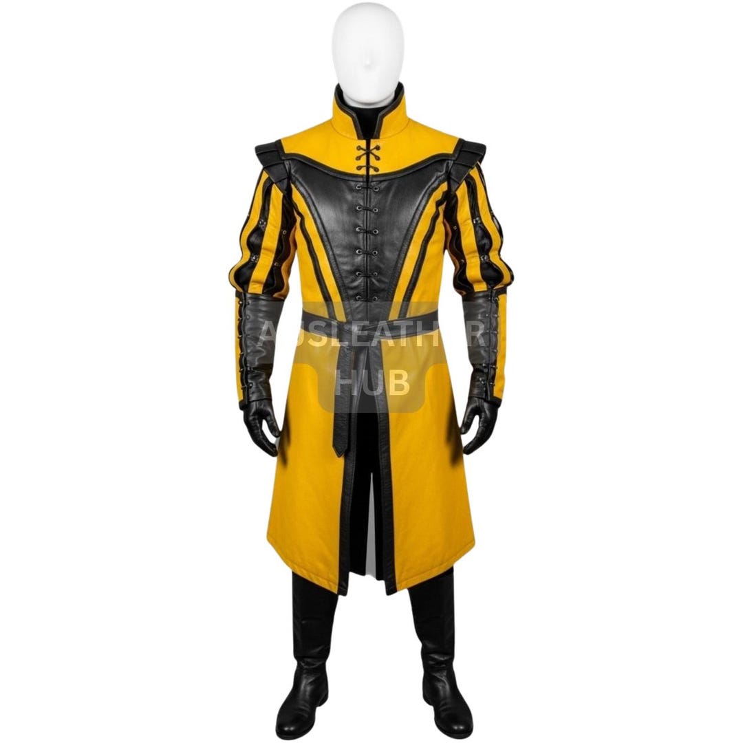 Yellow & Black Cosplay Leather Trench Coat | Split Back Fantasy Costume ...