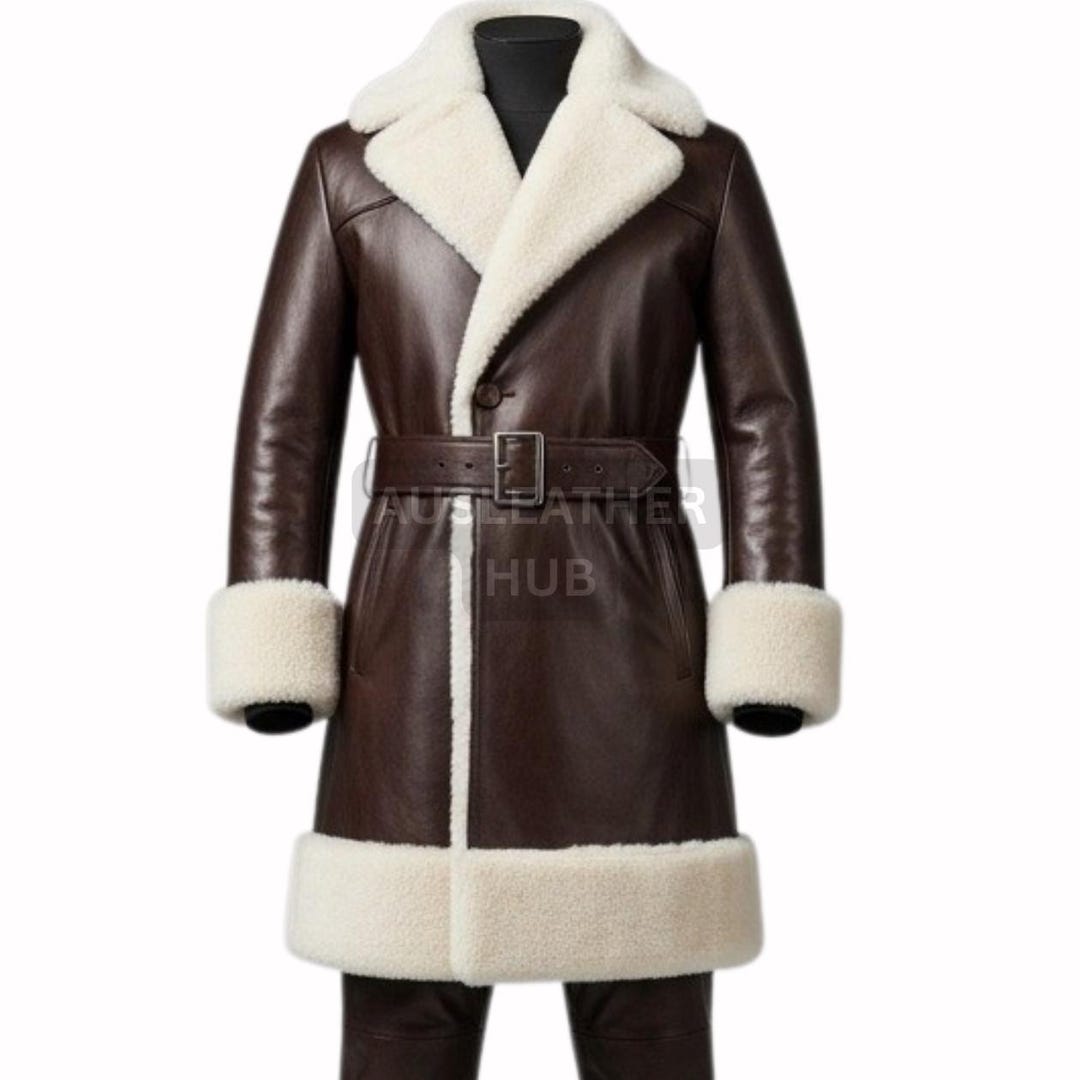 Dark Brown Leather Men’s Shearling Coat Suit — Fur‑lined Coat and Pants ...