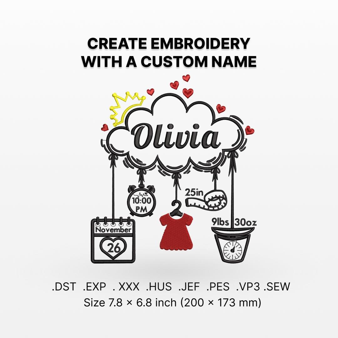 Personalized Baby Girl Birth Stats Embroidery Design, Cubbies ...