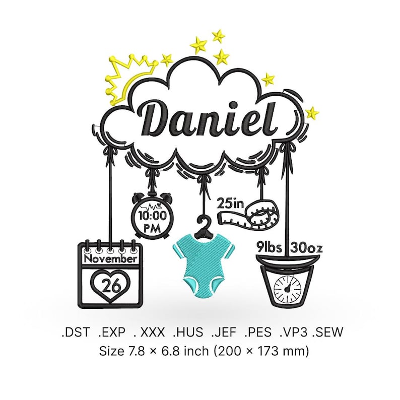 Baby Boy Birthday Stats Embroidery Design, Cubbies Embroidery, Birth ...