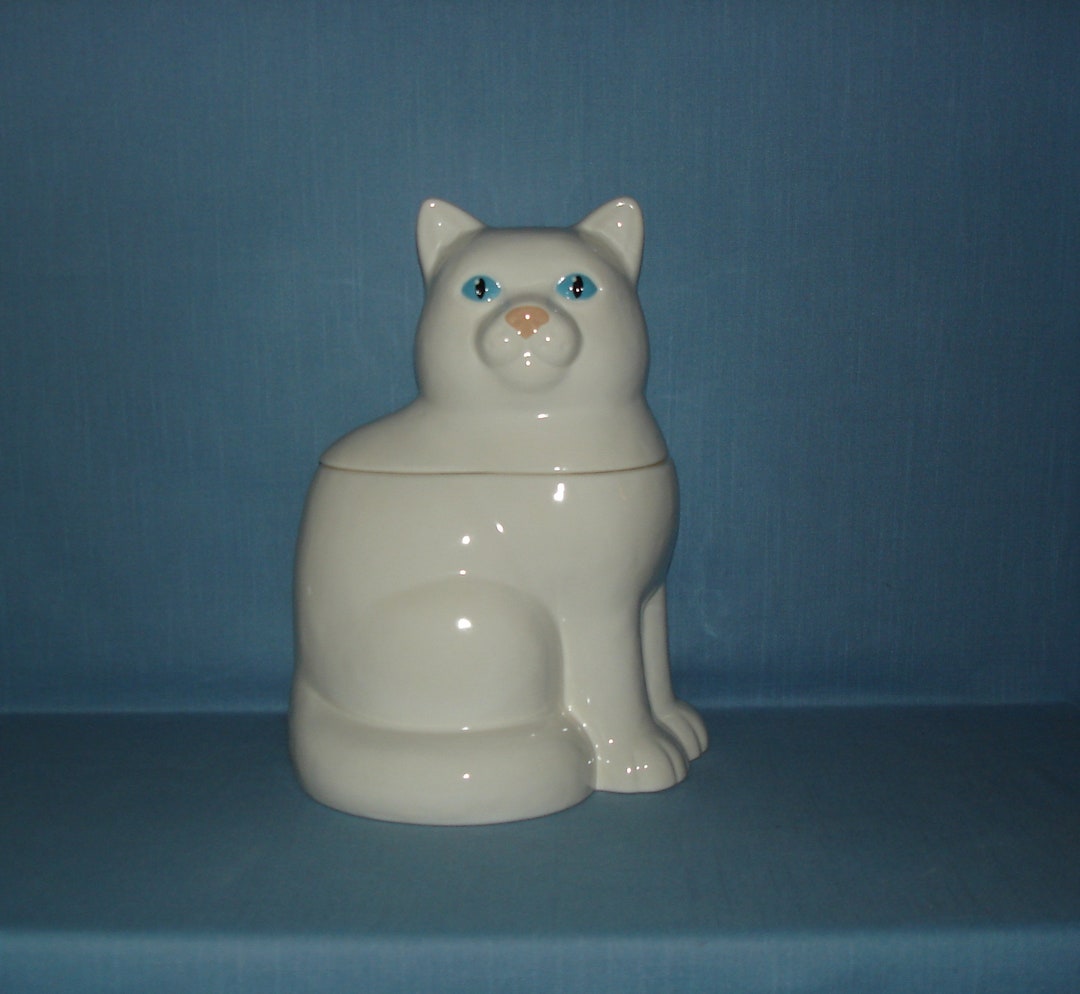 Ceramic Cat Cookie Jar, Treat Jar, White, Blue Eyes - Etsy