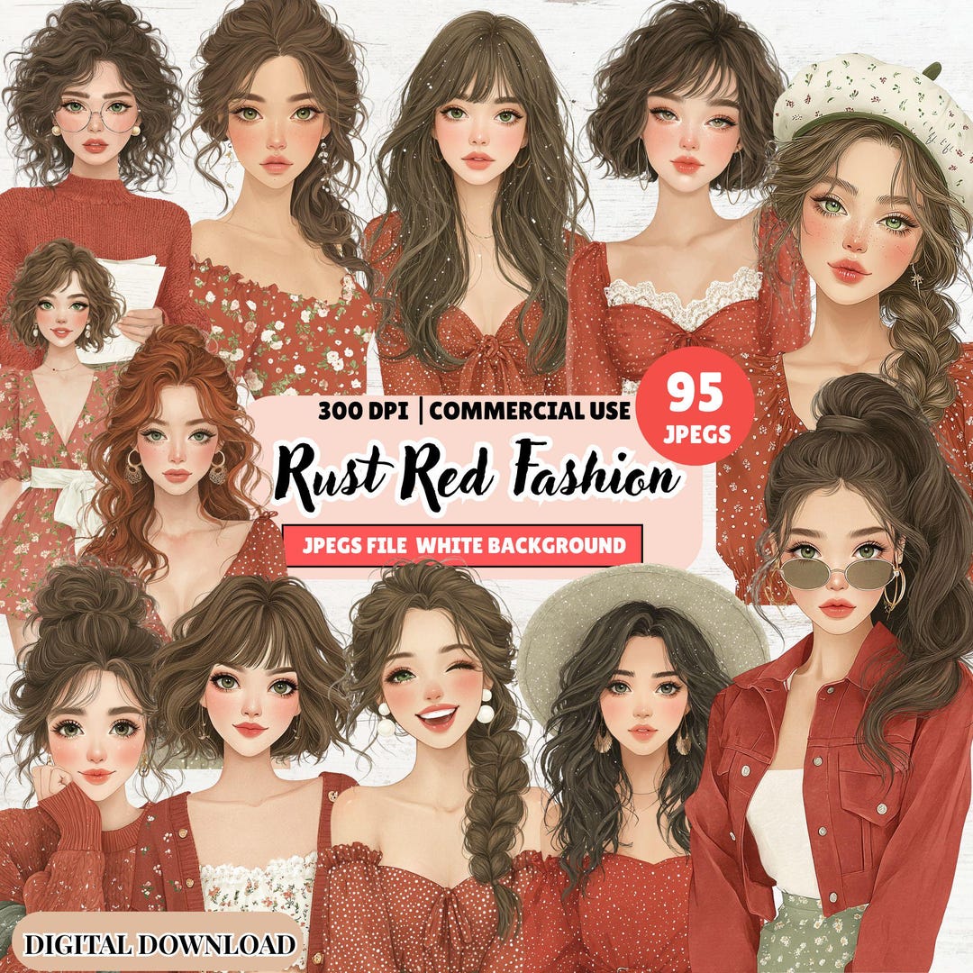 Rust Red Fashion Girl Clipart, 95 JPEG Illustrations (digital Download ...