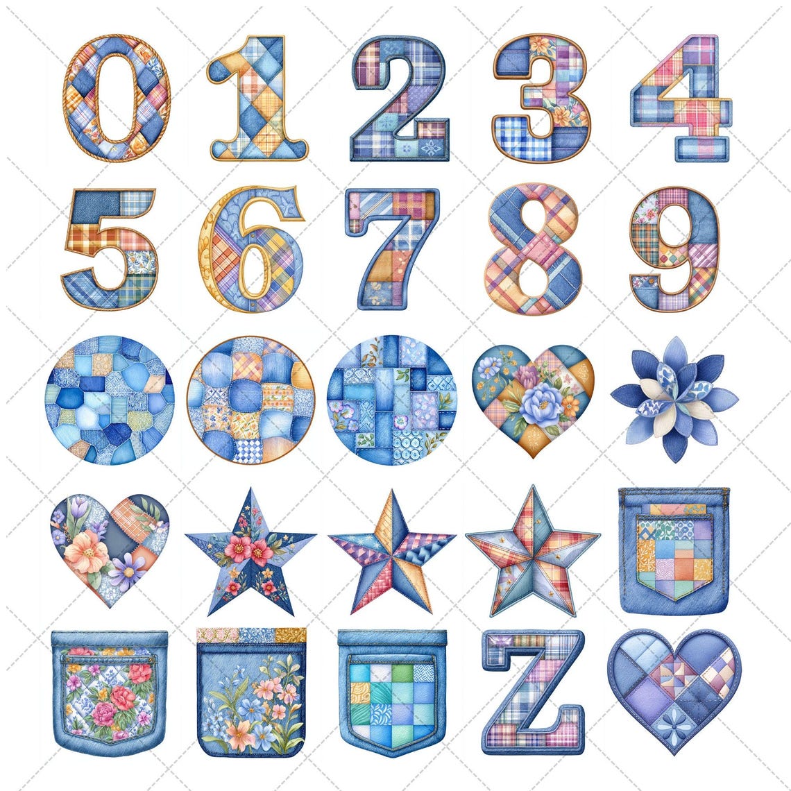 Denim Patchwork Floral Clipart: Letters, Numbers, Symbols (PNG Digital ...