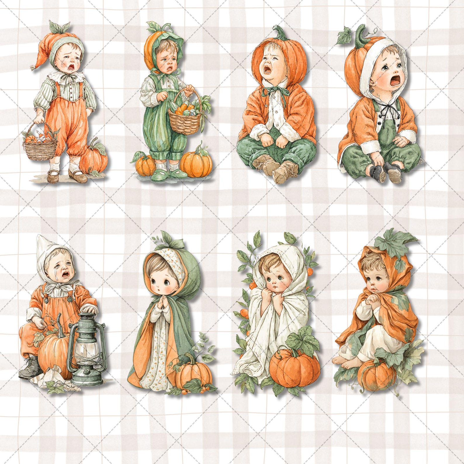 Vintage Baby Pumpkin Halloween Clipart Bundle: PNG Graphics (digital ...