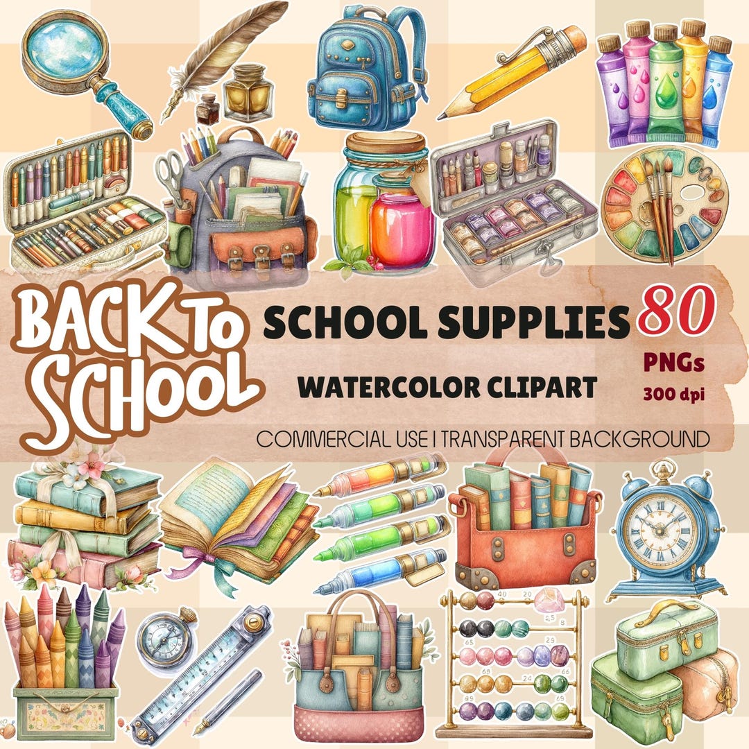 Watercolor School Supplies Clipart: 80 PNG Graphics (digital Download ...