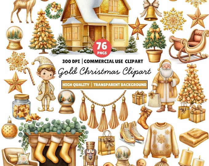 Gold Christmas Clipart Png Bundle, Watercolor Winter Clipart, Gold ...