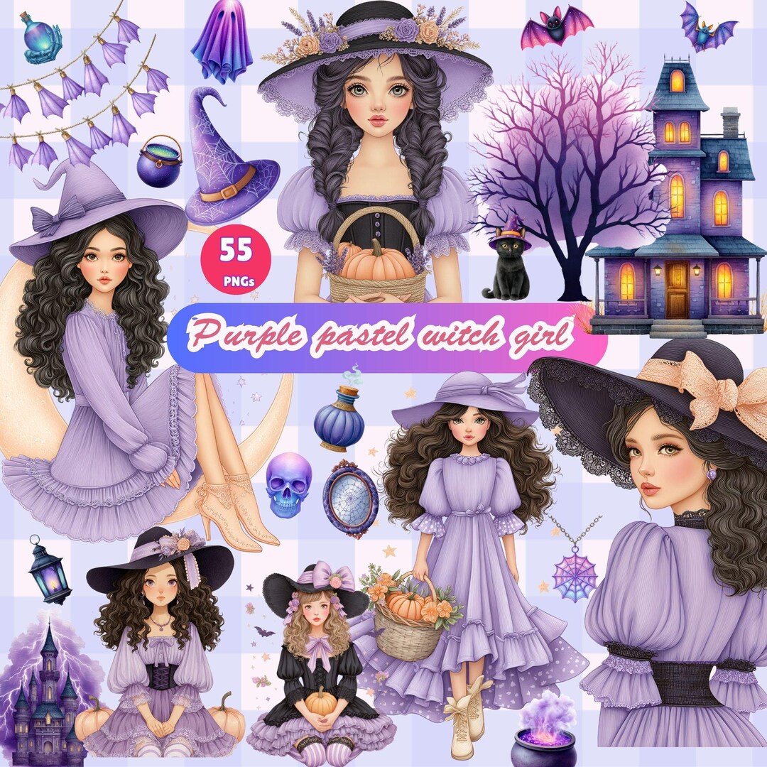 Purple Pastel Witch Girl Clipart Set, Halloween PNG (digital Download ...