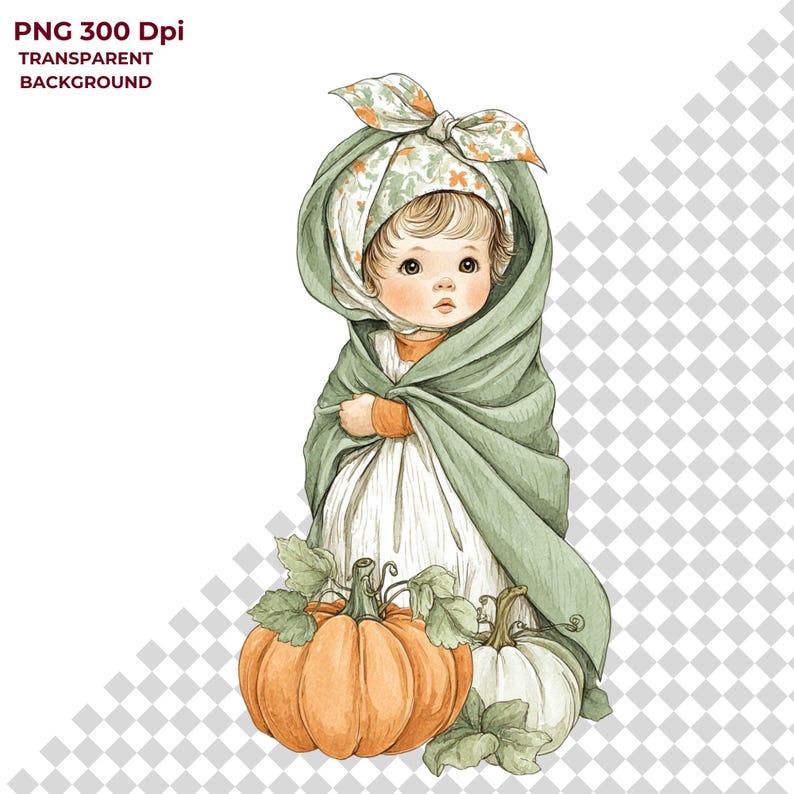 Vintage Baby Pumpkin Halloween Clipart Bundle: PNG Graphics (digital ...