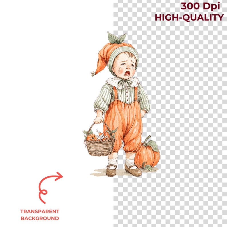 Vintage Baby Pumpkin Halloween Clipart Bundle: PNG Graphics (digital ...