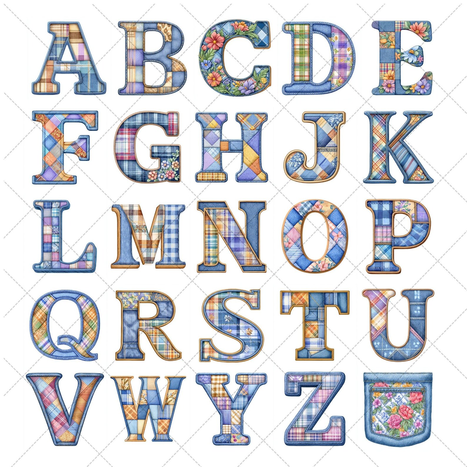 Denim Patchwork Floral Clipart: Letters, Numbers, Symbols (PNG Digital ...