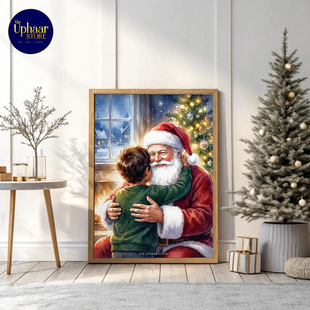 Santa Hugging Young Indian Boy Art, Christmas Watercolor Print ...