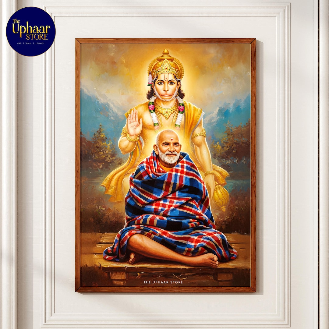 Neem Karoli Baba & Hanuman Ji Painting, Divine Spiritual Wall Art ...